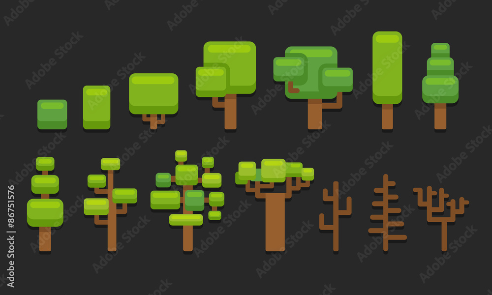 Set of stylized square cartoon trees, suitable for platformer video ...