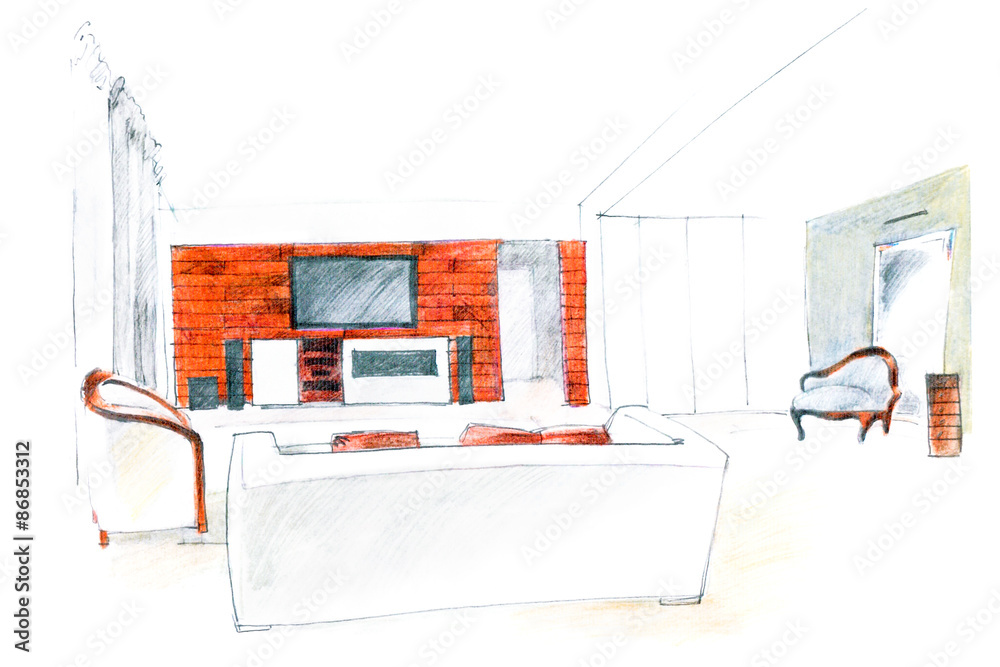 drawing design home interior. crayon painting illustration of interior ...
