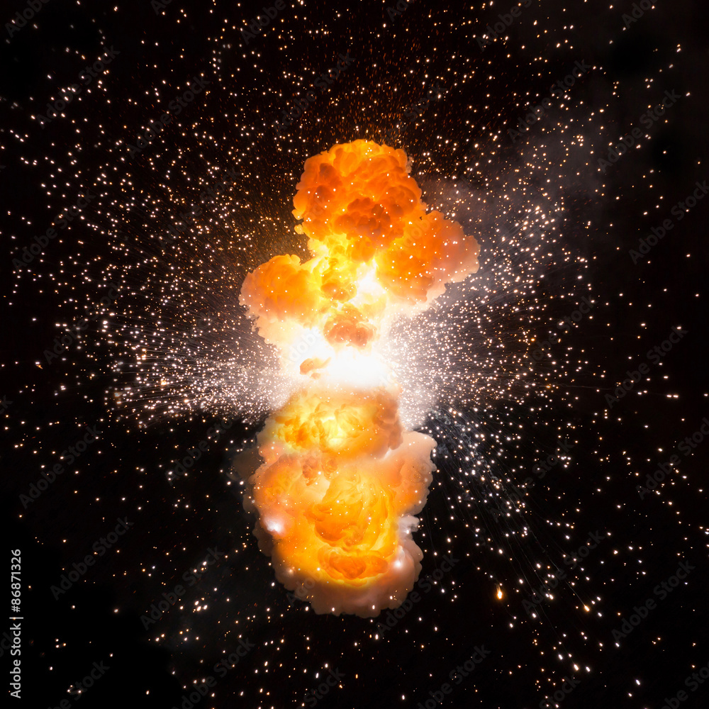 Realistic fiery explosion busting over a black background Stock Photo ...