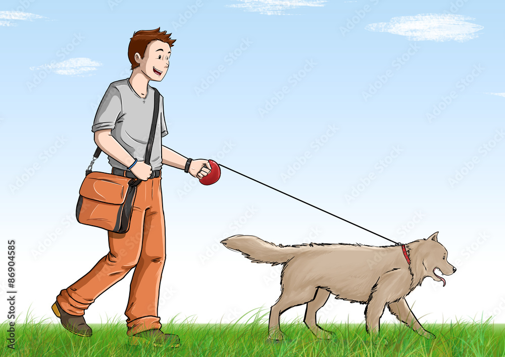 Joven muchacho paseando con su perro en parque en cielo despejado Stock ...