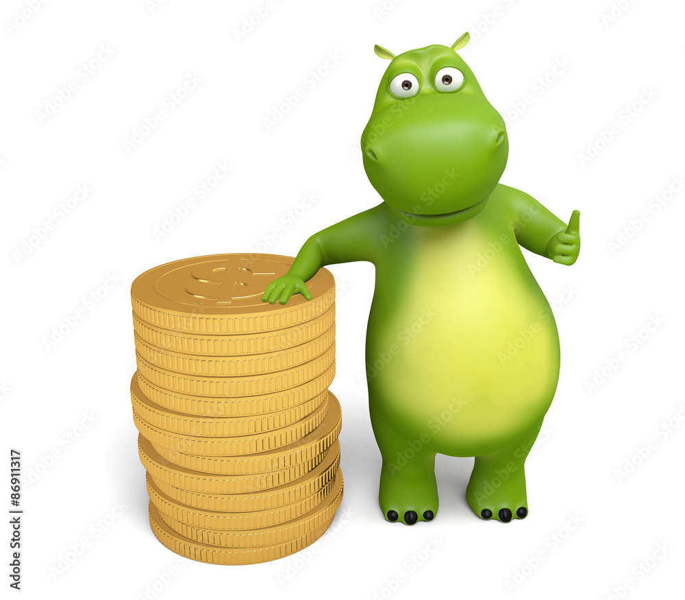3d cartoon animal with a lot of coins. 3d image. Isolated white ...