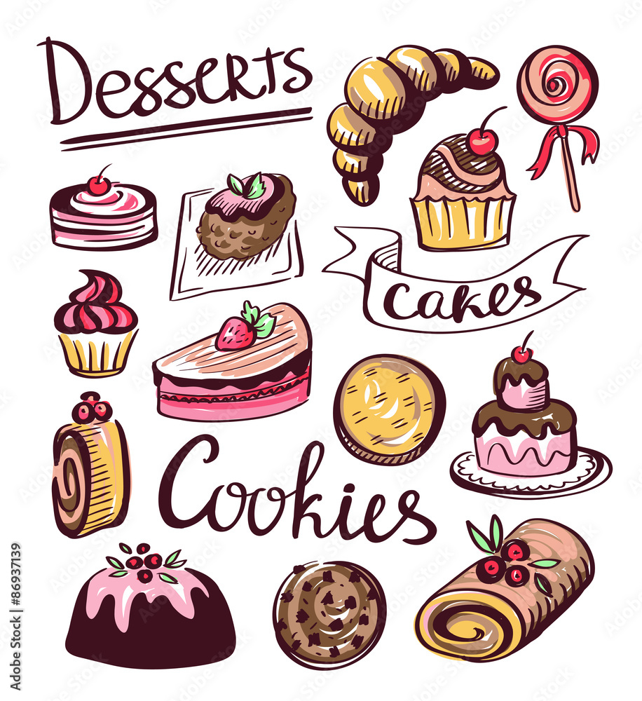 Baked Sweet Food Icons Cake Cookie Donut Vector Labels Logos For Restaurant Menu Stock