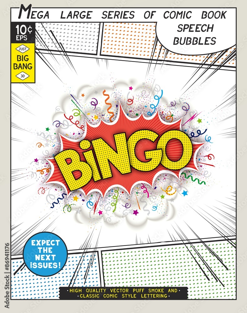 Bingo. Explosion in comic style with lettering and realistic puffs ...