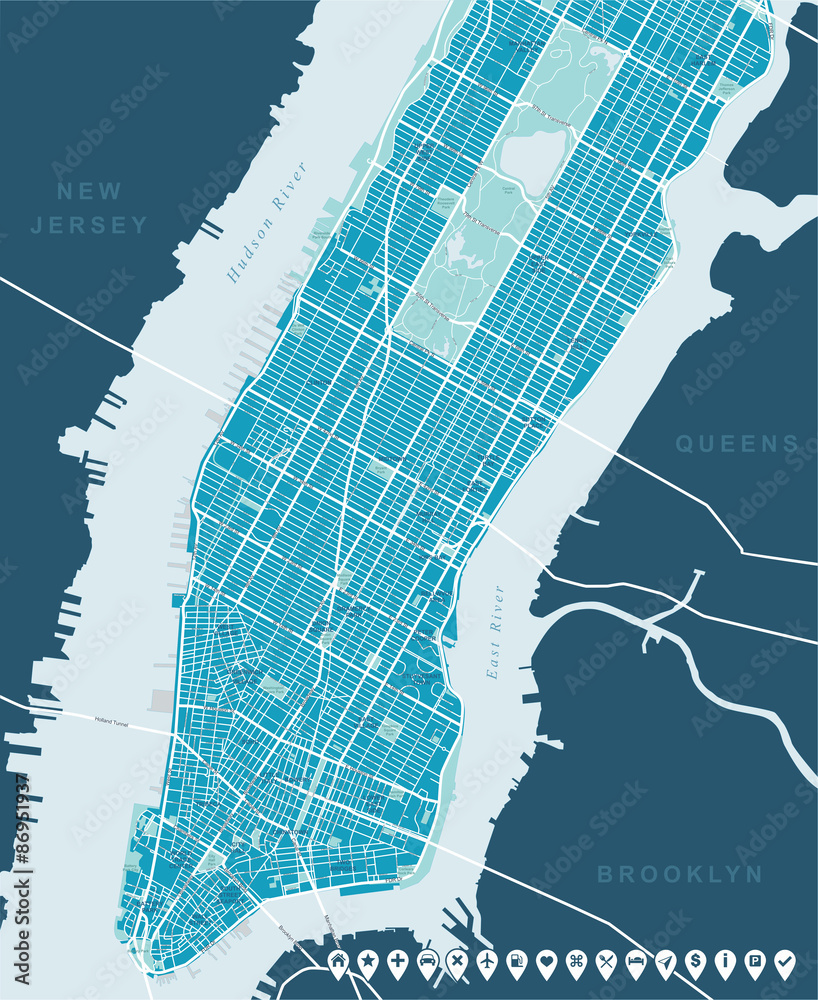 New York Map - Lower and Mid Manhattan. Highly detailed vector map ...