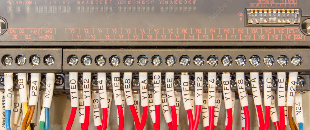 Wiring PLC Control panel with wires industrial factory Stock Photo ...