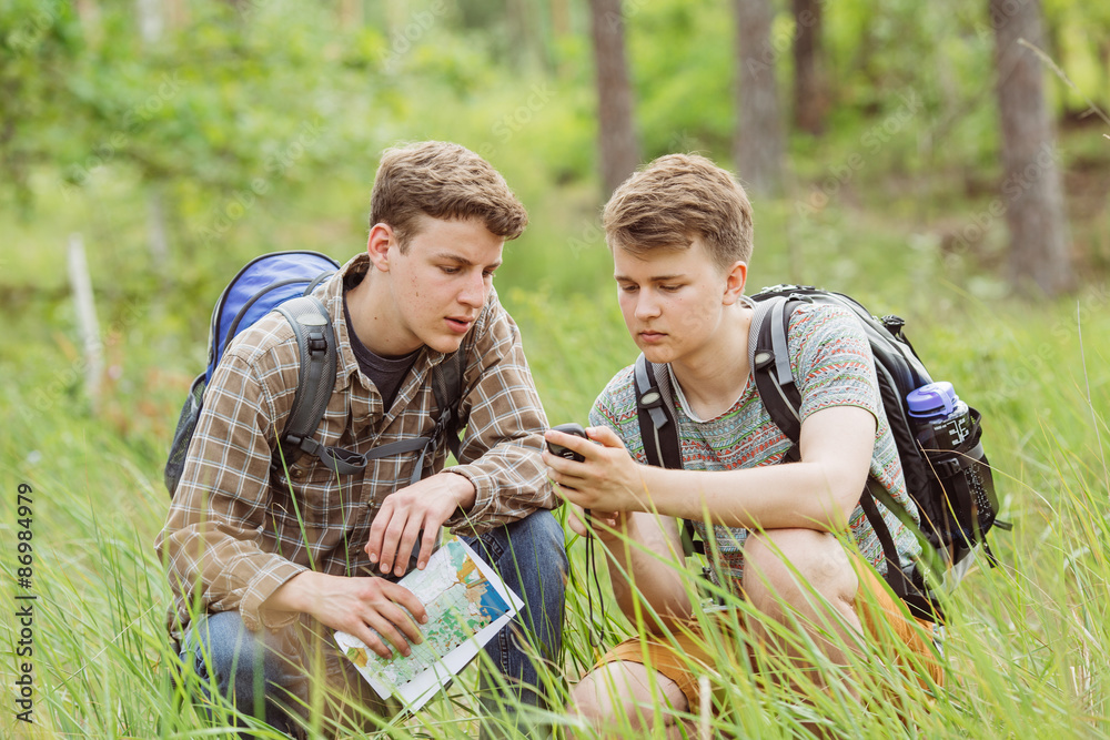 two tourist determine the route map and navigator Stock Photo | Adobe Stock