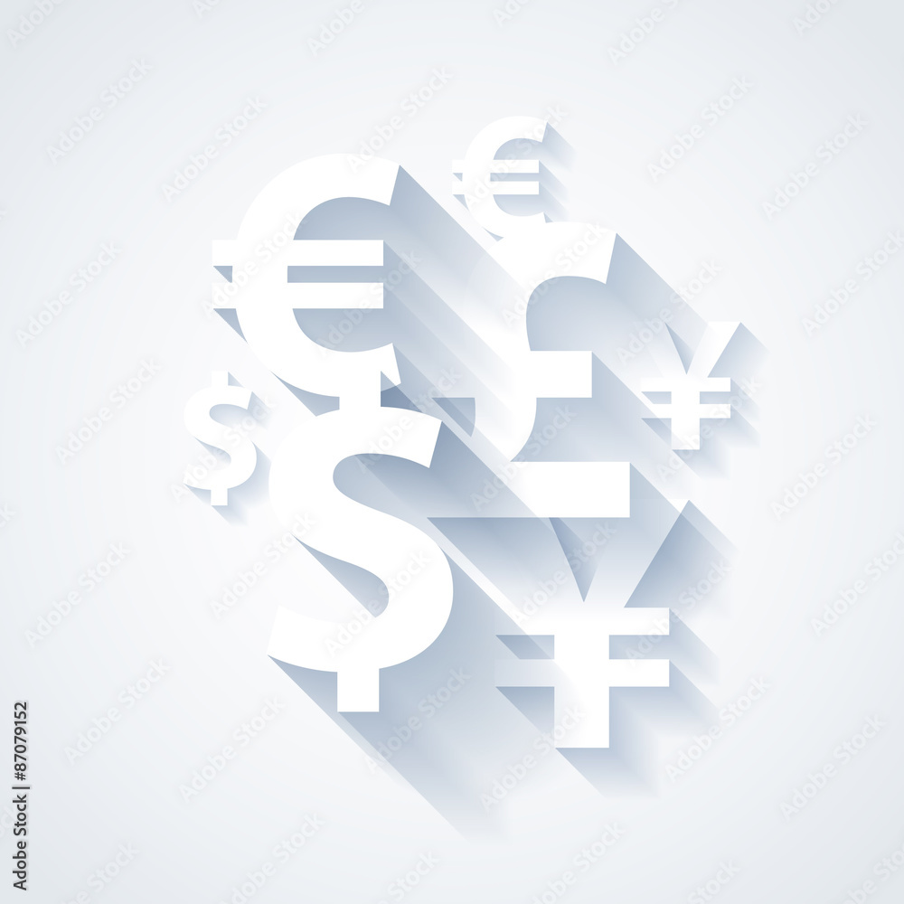Currencies symbols paper white background. Stock Vector | Adobe Stock