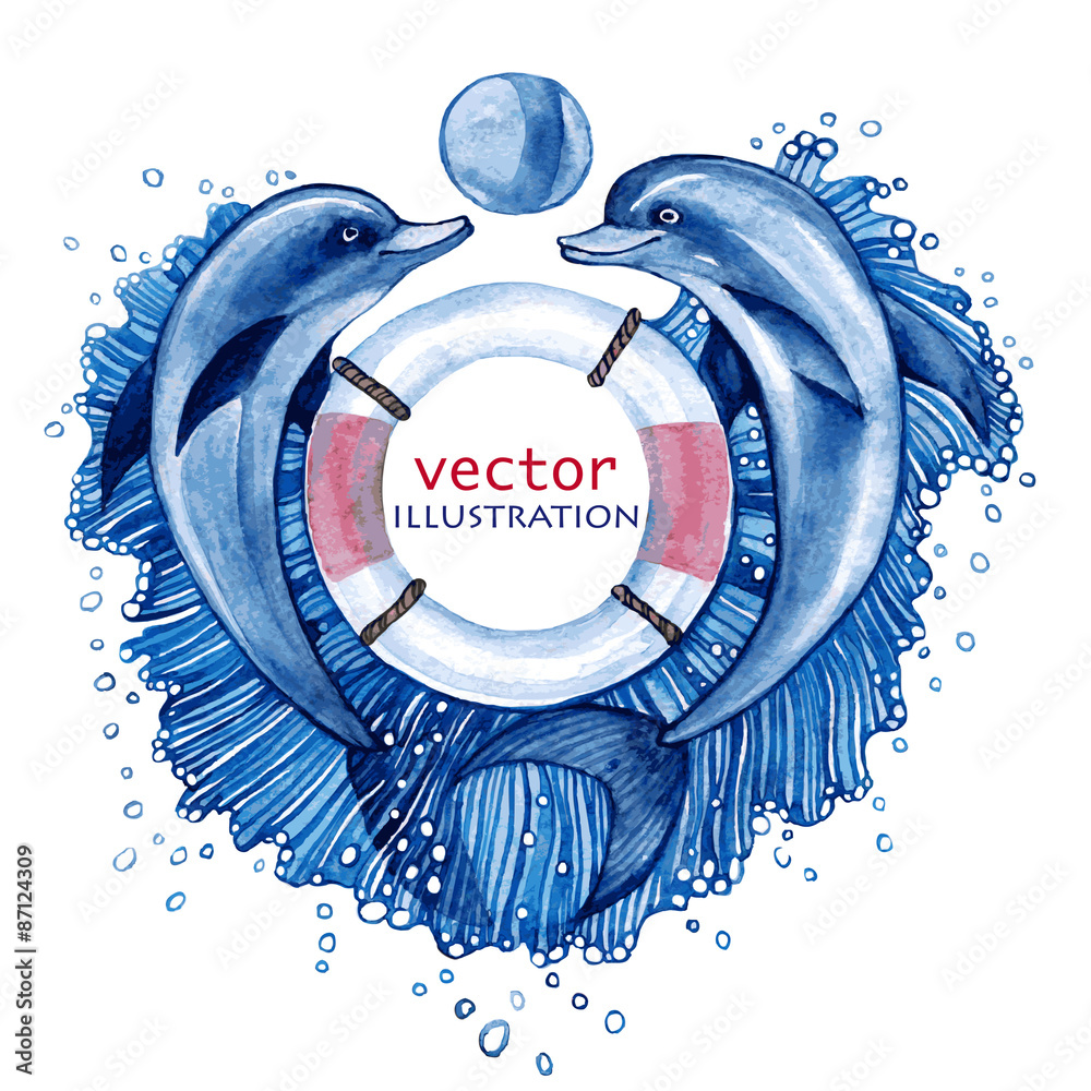 Dolphins and lifebuoy watercolor vector illustration. Vintage frame ...