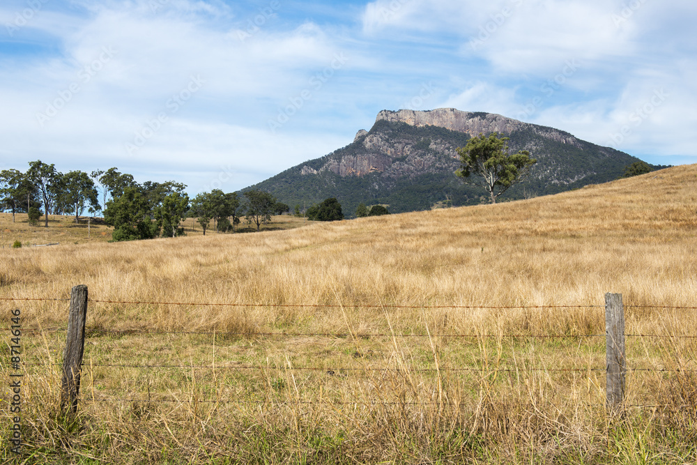 Outback mountain and field in the Scenic Rim, Queensland. Stock Photo ...