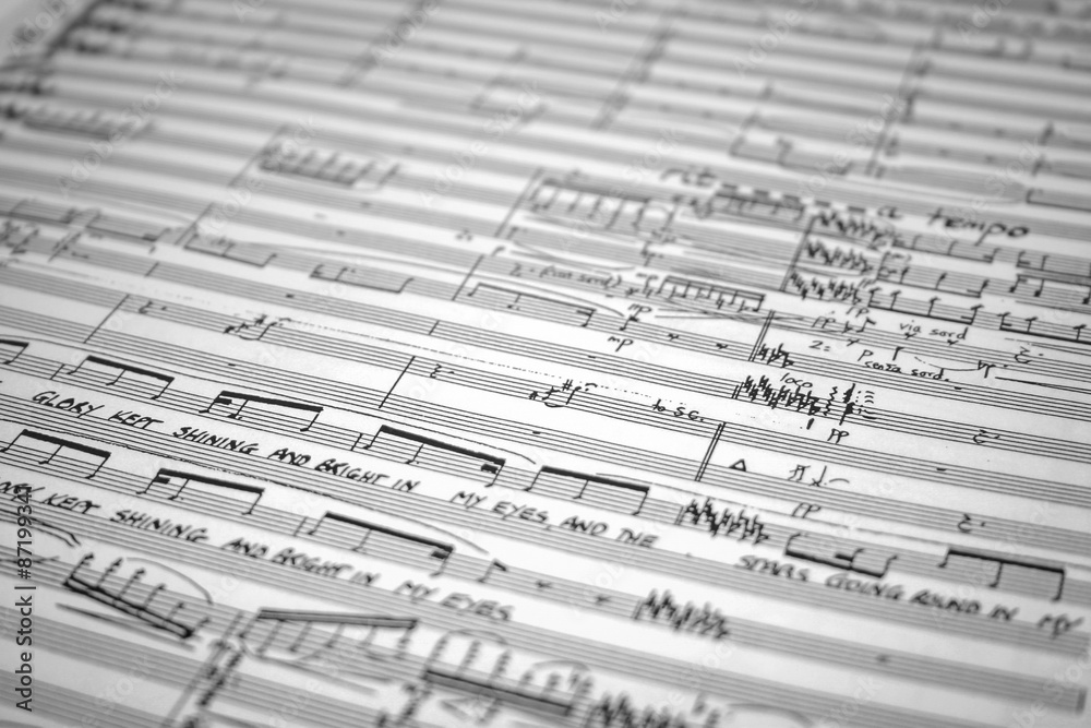 Music manuscript. Close, full-frame detail of an orchestral sore ...