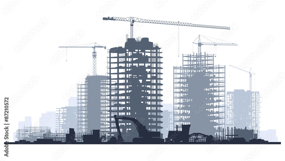 Line illustration of construction site with crane and building. Stock ...