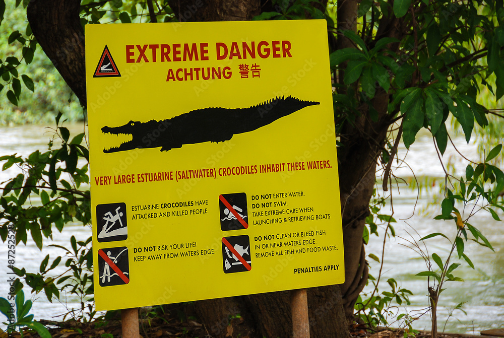 Poster Crocodile warning sign Warning sign for very large estuarine ...