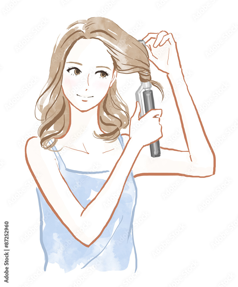 コテで髪を巻く女性 Stock イラスト | Adobe Stock
