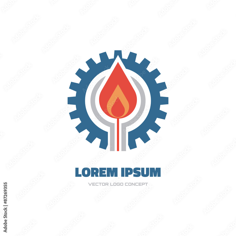 Vector logo concept illustration. Gear and fire flame sign illustration ...