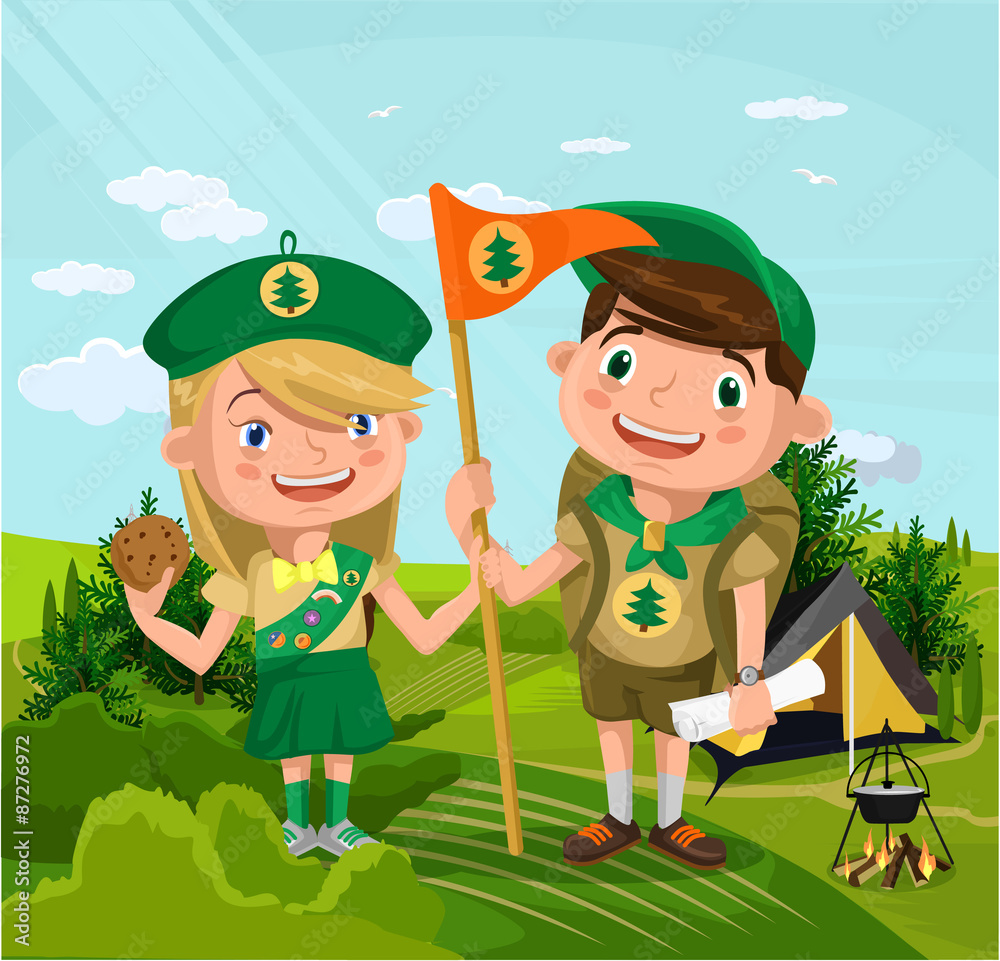 Summer camp with boy and girl. Vector flat cartoon illustration Stock ...