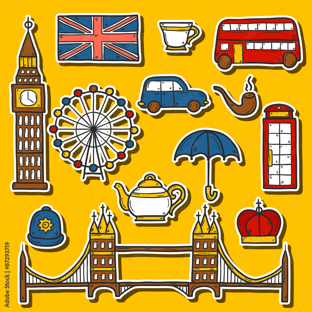 Set of cute hand drawn cartoon stickers on London theme: queen Stock ...