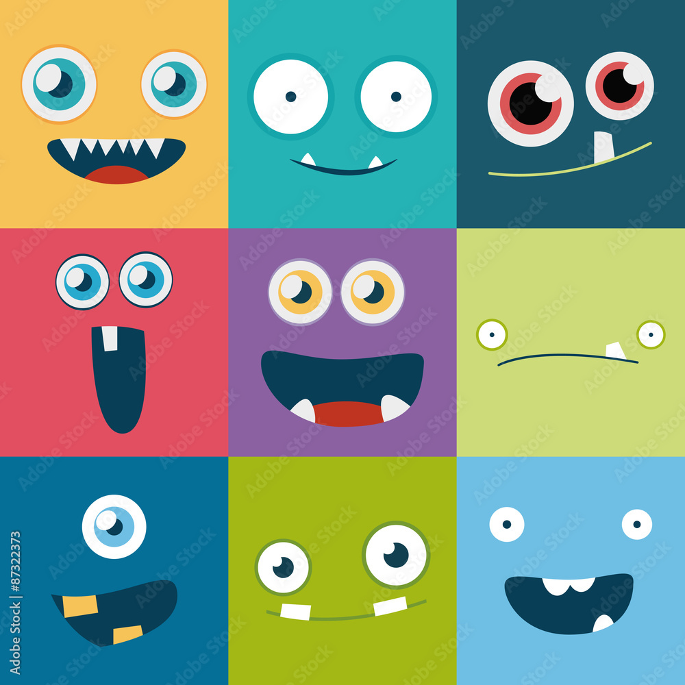 cartoon monster faces vector set. cute square avatars and icons Stock ...