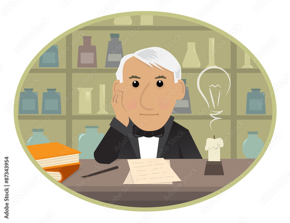 Edison - Cartoon Thomas Edison is sitting behind his desk and getting ...