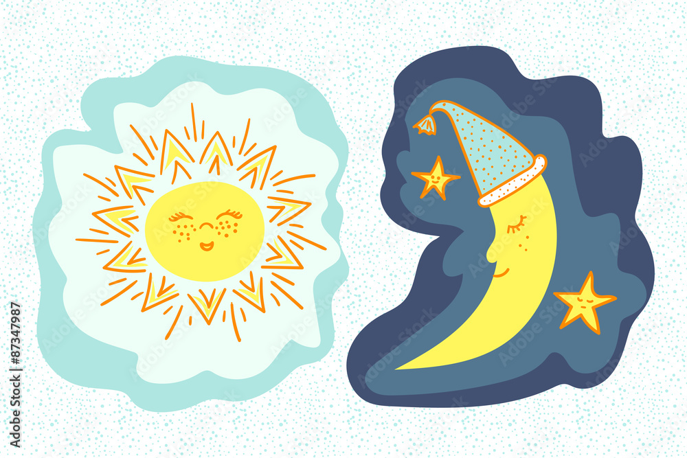 Cartoon sun and moon. Vector characters. Stock Vector | Adobe Stock