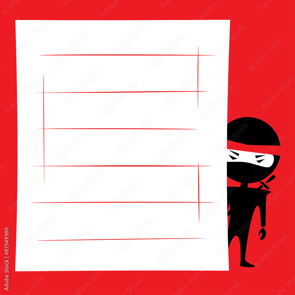 Vector illustration of cartoon ninja hiding and spying. Place for text ...