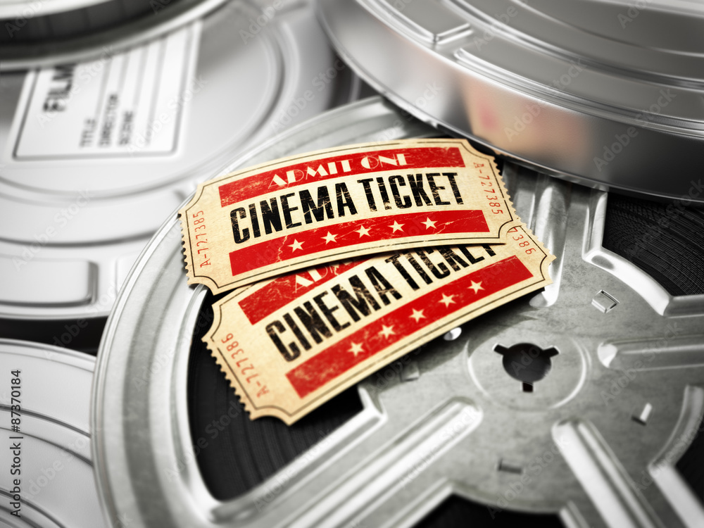 Movie, cinema vintage concept. Tickets on retro film reels and b Stock ...