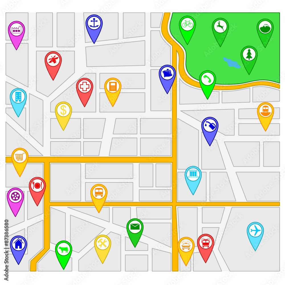 2D Flat Icon Sets Location Flag Infrastucture in Map with Outline Stock ...