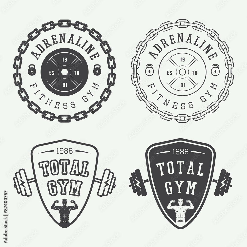Set of gym logos, labels and badges in vintage style Stock Vector ...