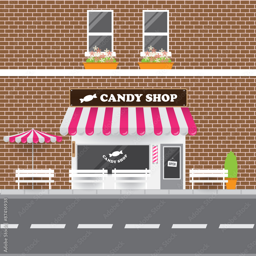 Candy Shop Facade with Street Landscape. Brick Building Retro Style ...