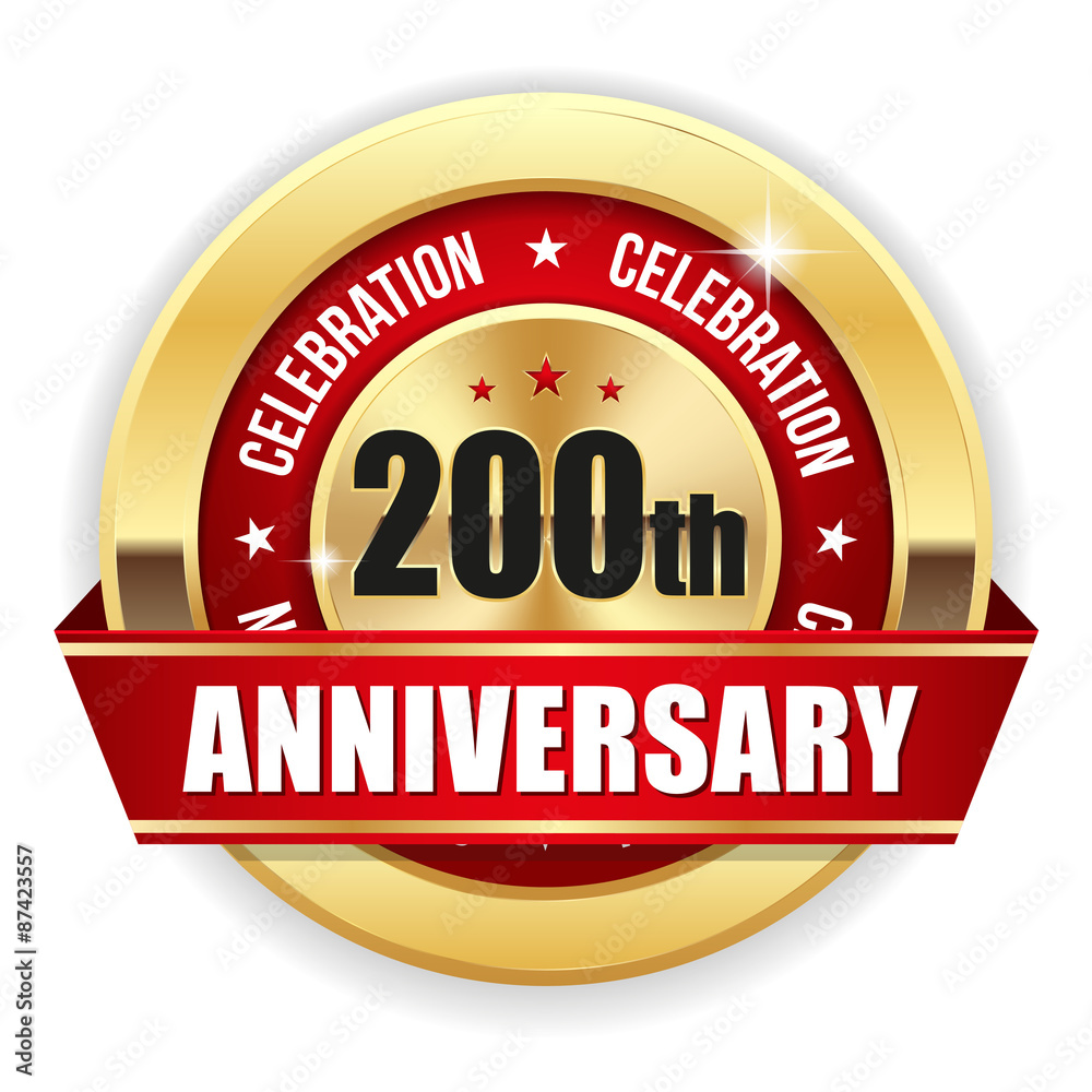 Red 200th anniversary badge with gold border and ribbon Stock Vector ...