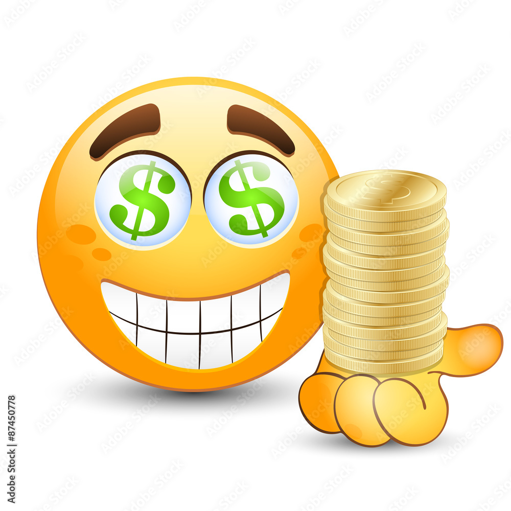 Smiling face with gold coins on hand. Vector Stock Vector | Adobe Stock