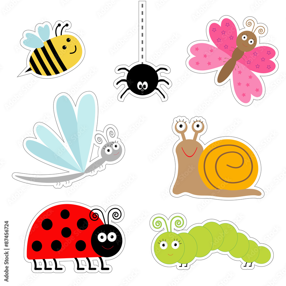 Cute cartoon insect sticker set. Ladybug dragonfly butterfly ...