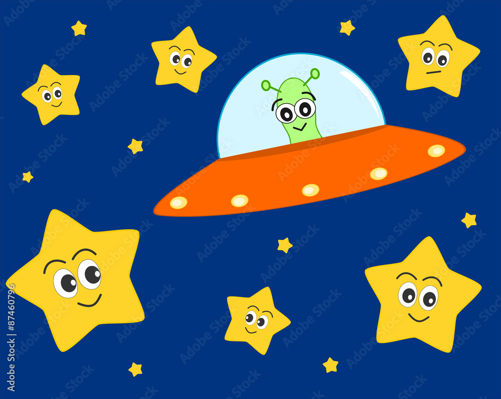 cute ufo alien cartoon in the space with sweet lovely stars vector ...