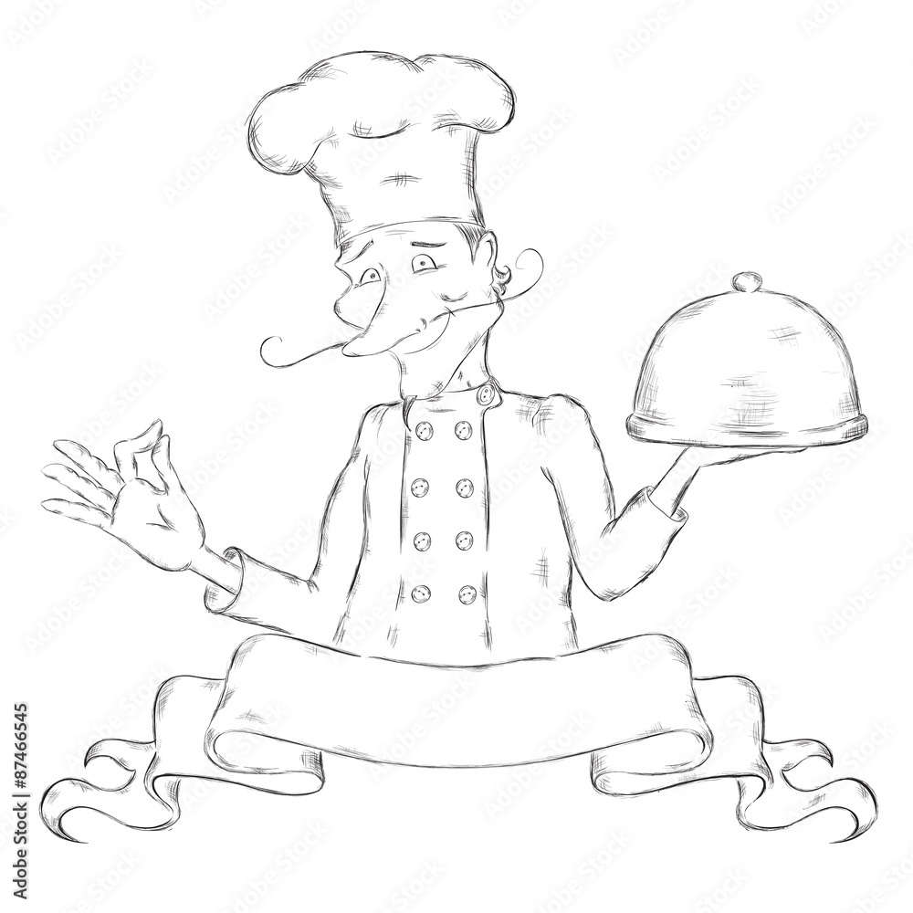 Hand drawn cartoon chef with tray and banner, isolated on white ...