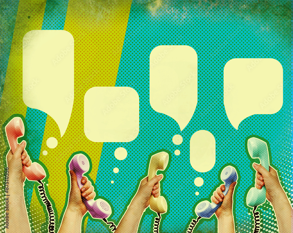 Retro communication poster background with speaking telephons Stock ...