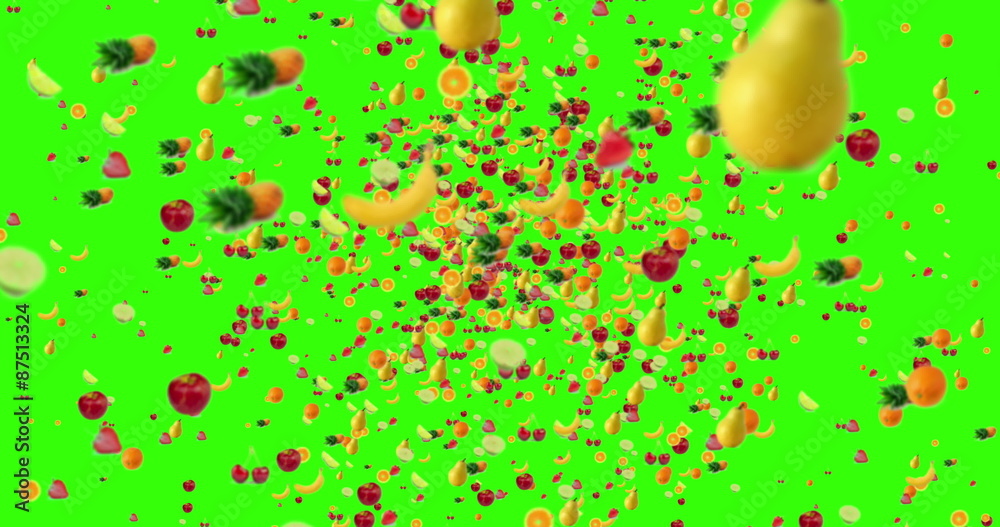 digital fruits flying in vortex on green screen chroma key background ...