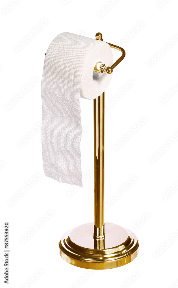 gold toilet paper holder standing isolated on white background Stock ...