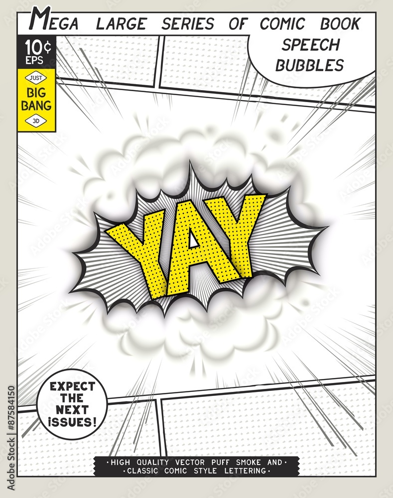 Yay. Explosion in comic style with lettering and realistic puffs smoke ...