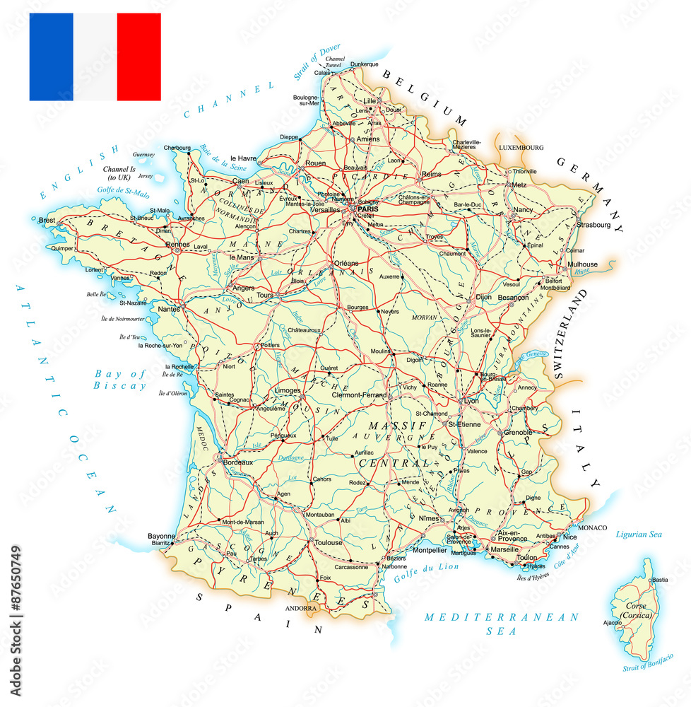 France - detailed map - illustration. Map contains topographic contours ...