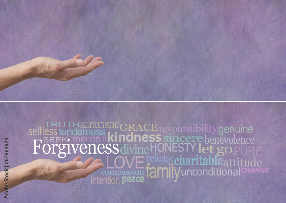 Forgiveness Word Cloud Banner - Female hand outstretched with palm up ...