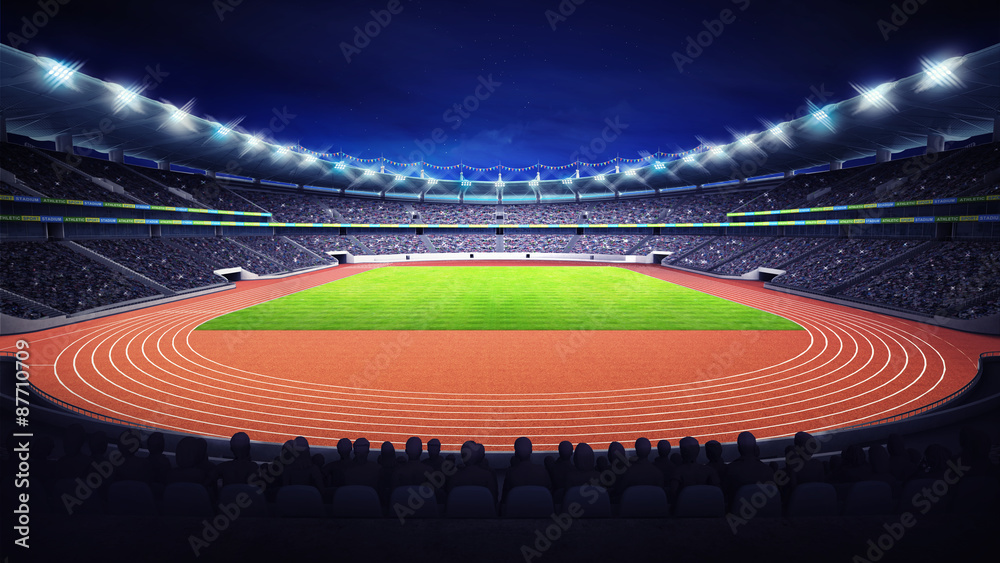 athletics stadium with track and grass field at front night view Stock ...