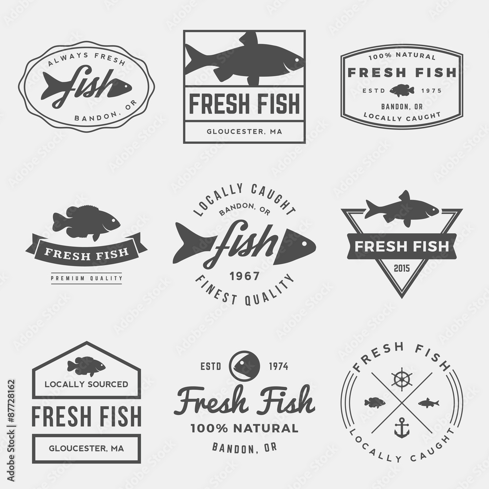 vector set of fresh fish labels, badges and design elements Stock ...