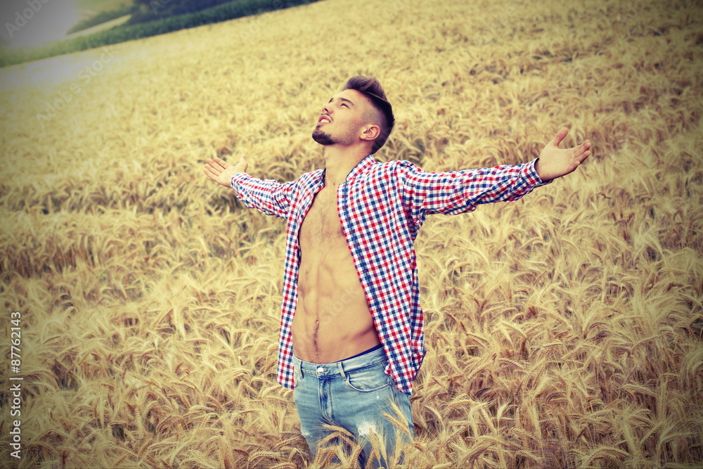 Attraktiver Junger Mann mit Undercut-Frisur und Sixpack im Weizenfeld ...