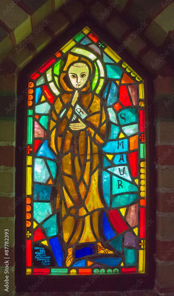 Stained glass window in Benedictine monastery prayer house of Saint ...