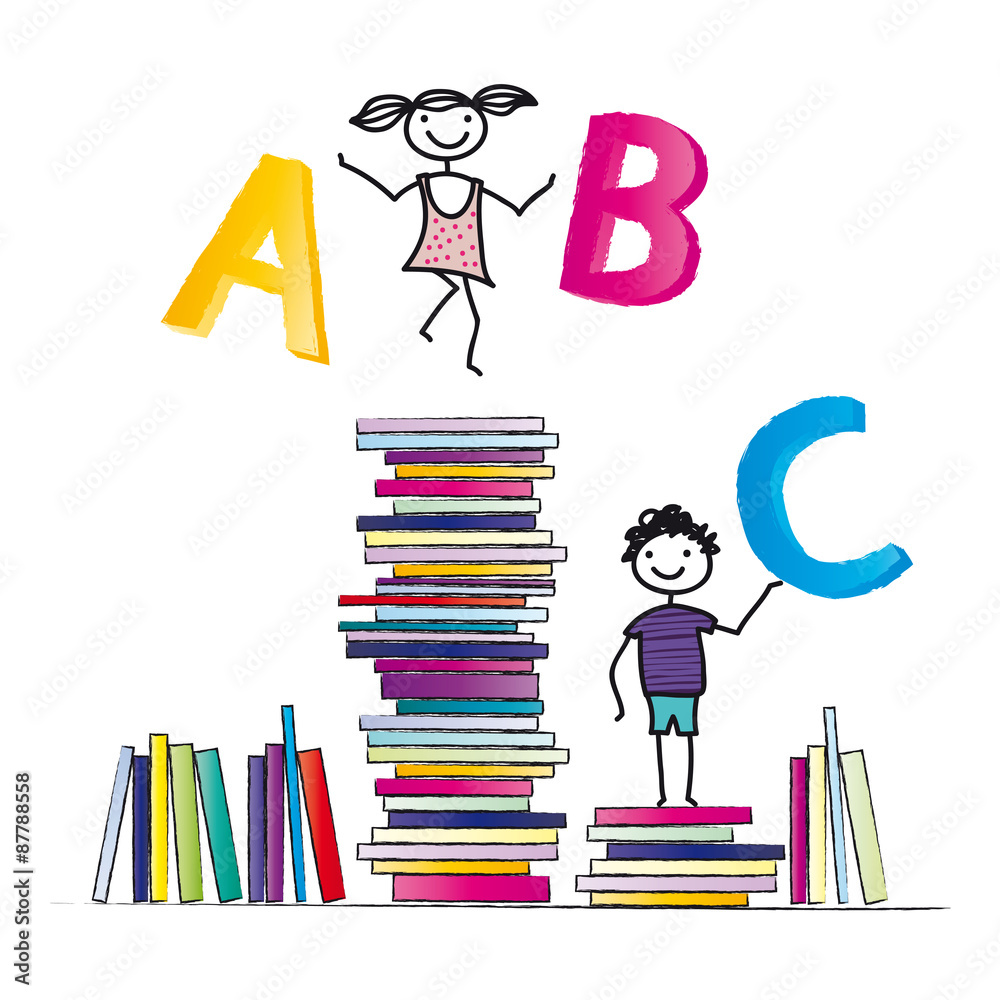 back to school - Fröhliche Schulkinder mit bunten Buchstaben und vielen ...