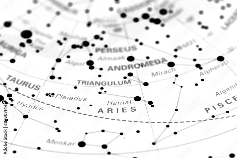 Aries star map zodiac. Star sign Aries on an astronomy star map. Stock ...