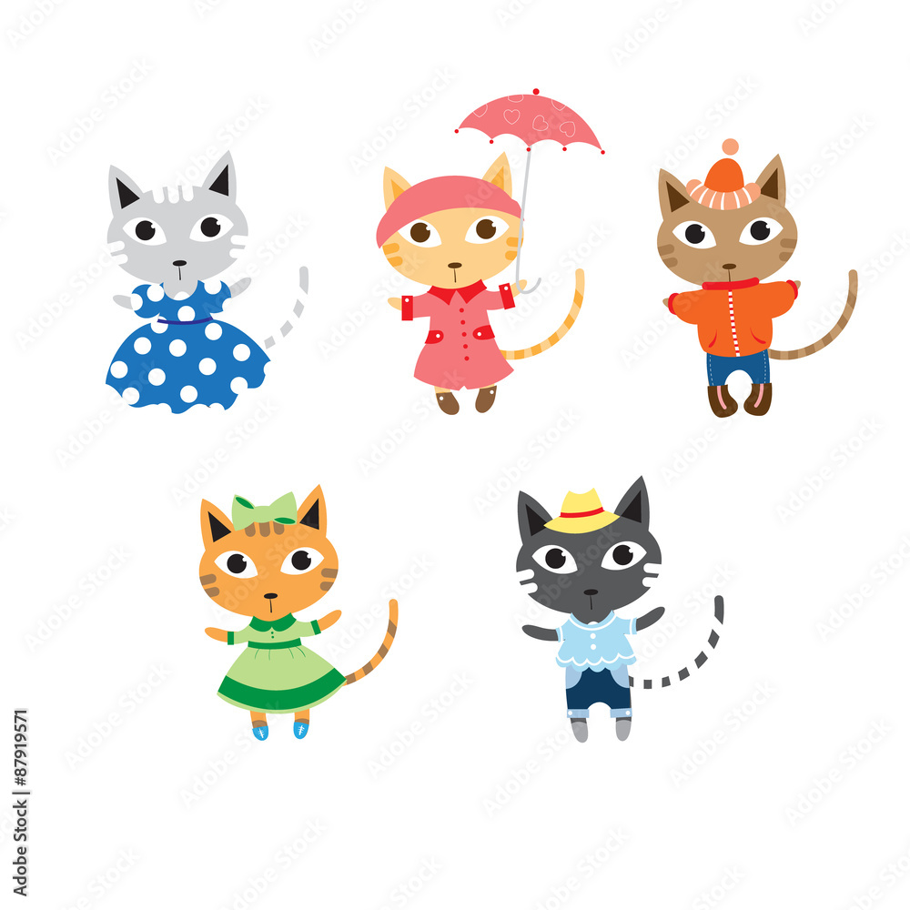 Set with five cute cartoon fashionable cats in different clothes ...