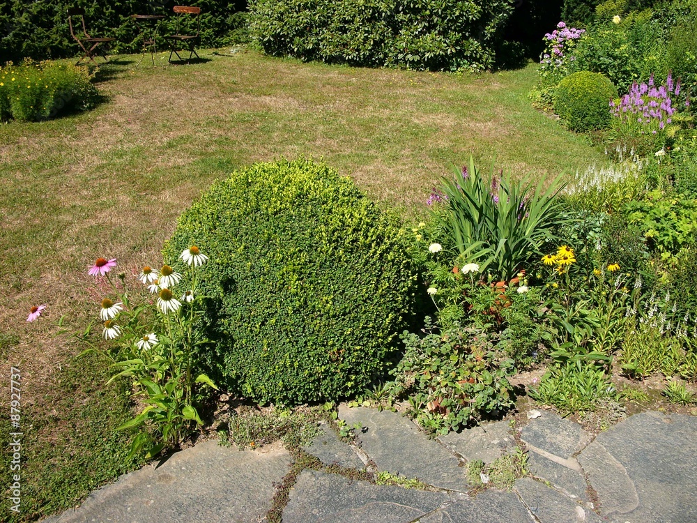Buchsbaum als Randbepflanzung an einer Terrasse mit Natursteinplatten ...