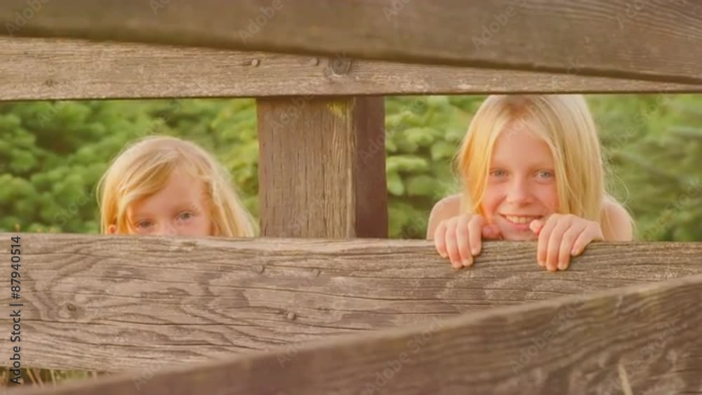 Young Blonde Girls Peeking Through A Fence Outside Stock Video Adobe Stock