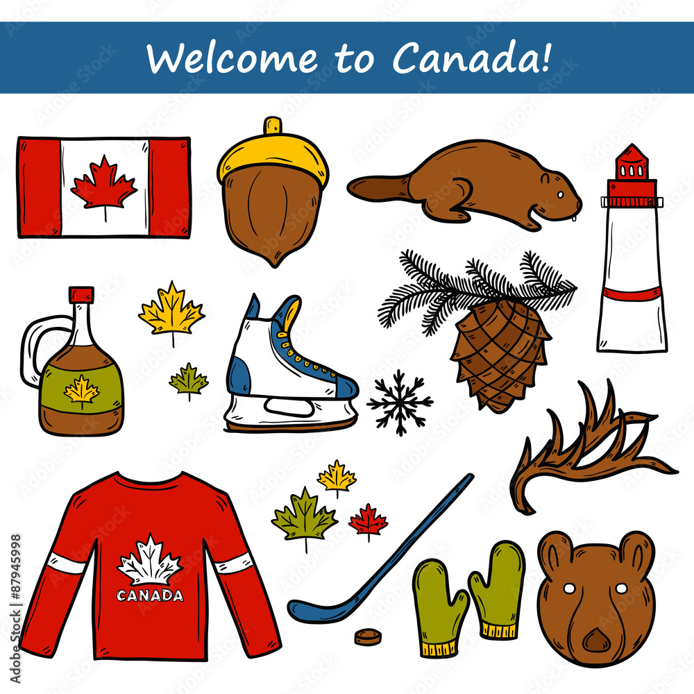 Set of cartoon hand drawn objects on Canada theme: maple syrup Stock ...