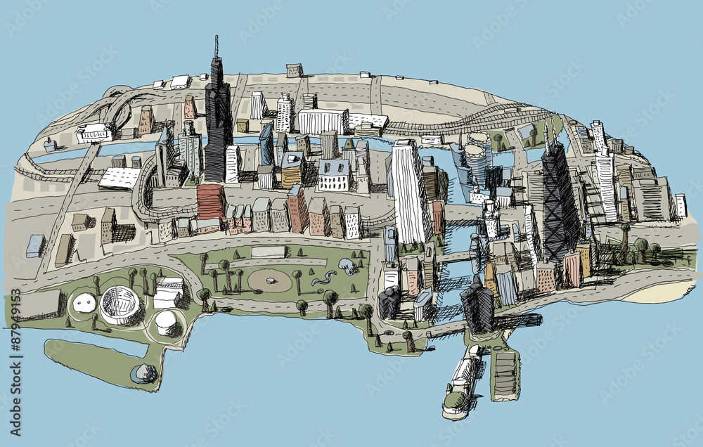 Cartoon sketch illustration of the downtown of the city of Chicago, USA ...
